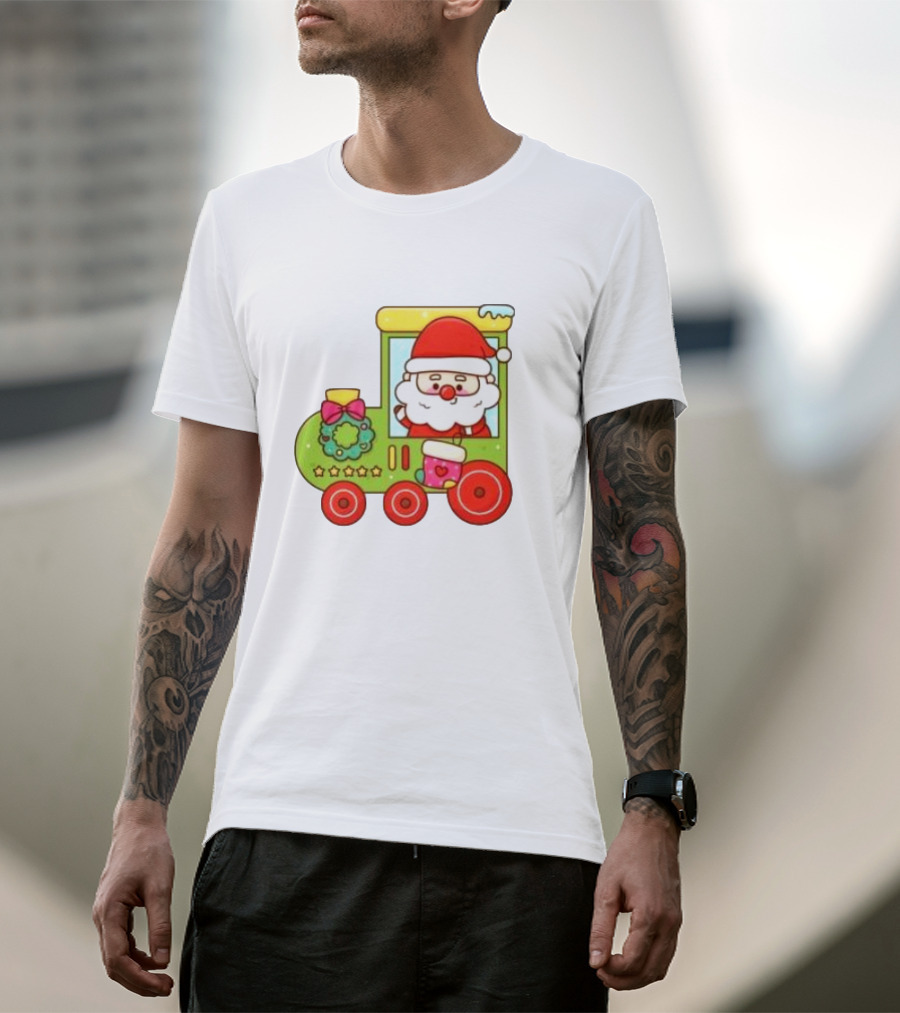 Santa Cute Christmas Train With Wreath And Stars T-Shirt