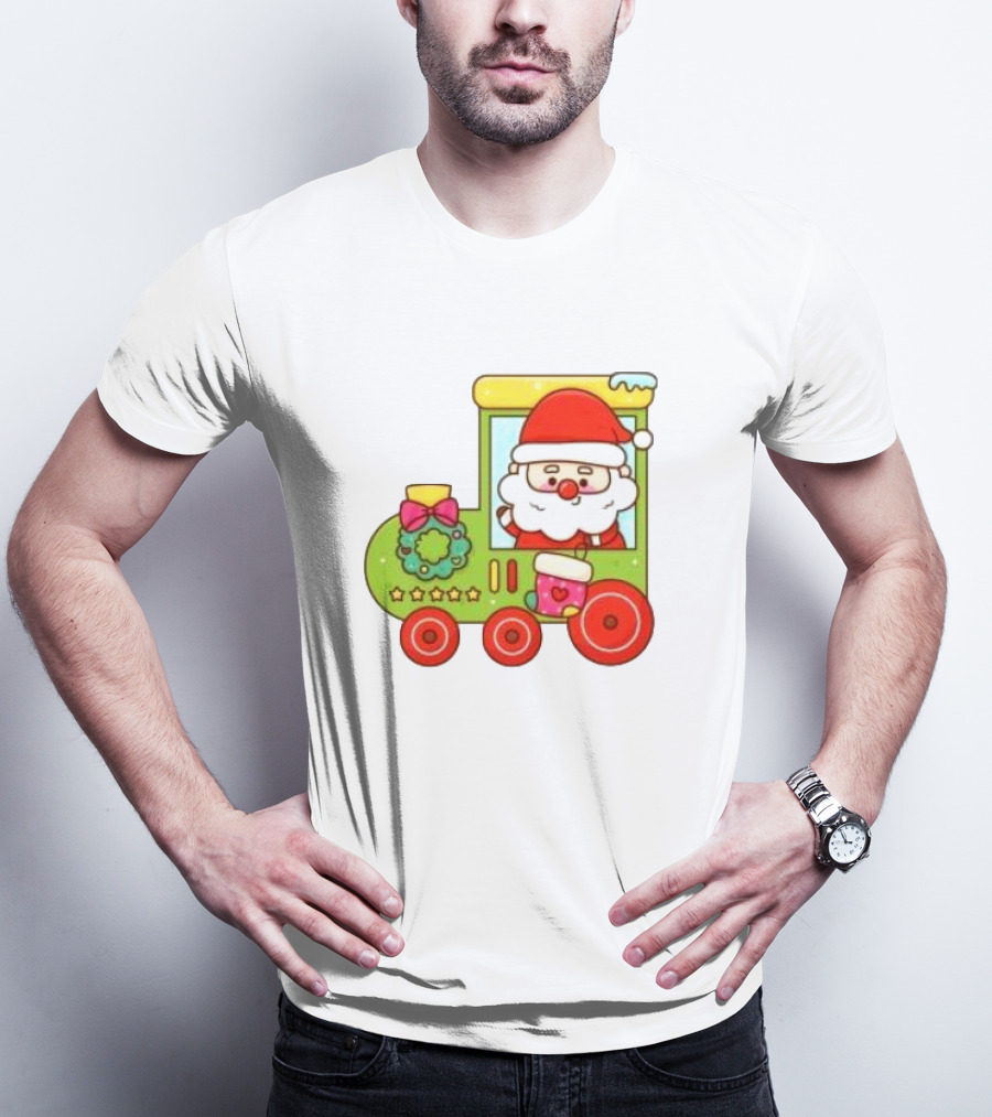 Santa Cute Christmas Train With Wreath And Stars T-Shirt