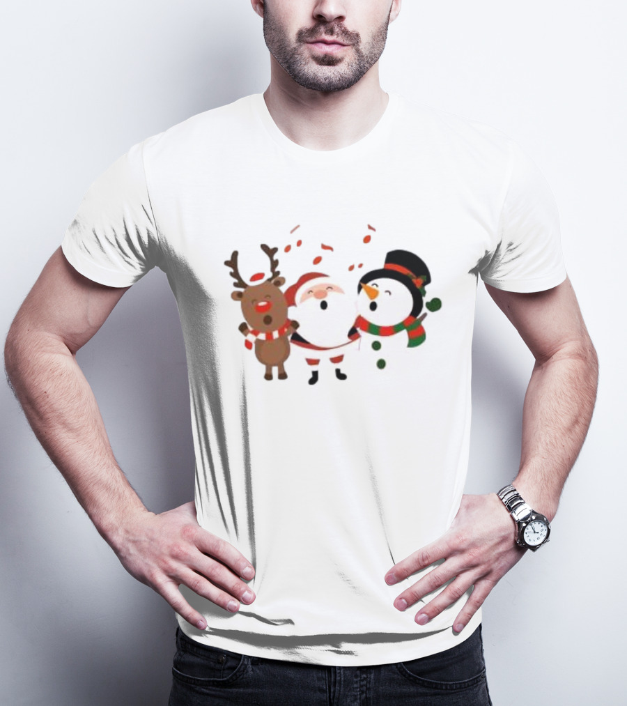 Santa Reindeer And Snowman Singing Christmas Carols Together T-Shirt