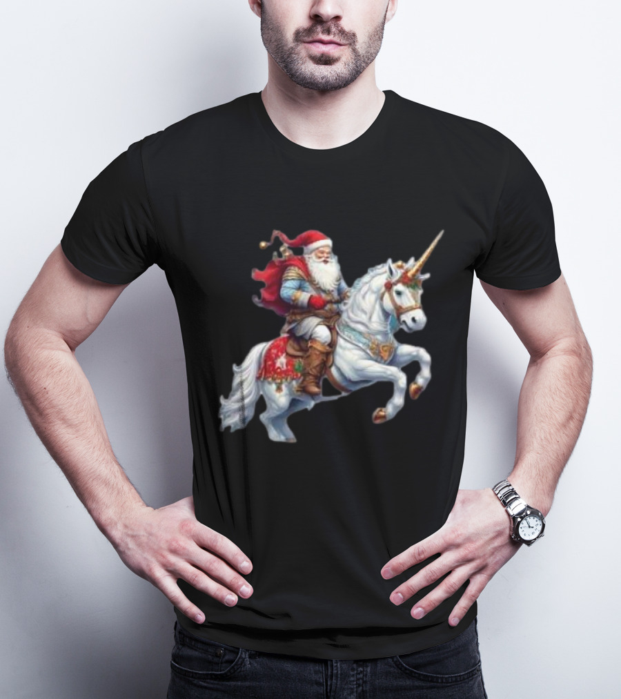 Santa Claus Riding Festive Unicorn Christmas T-Shirt