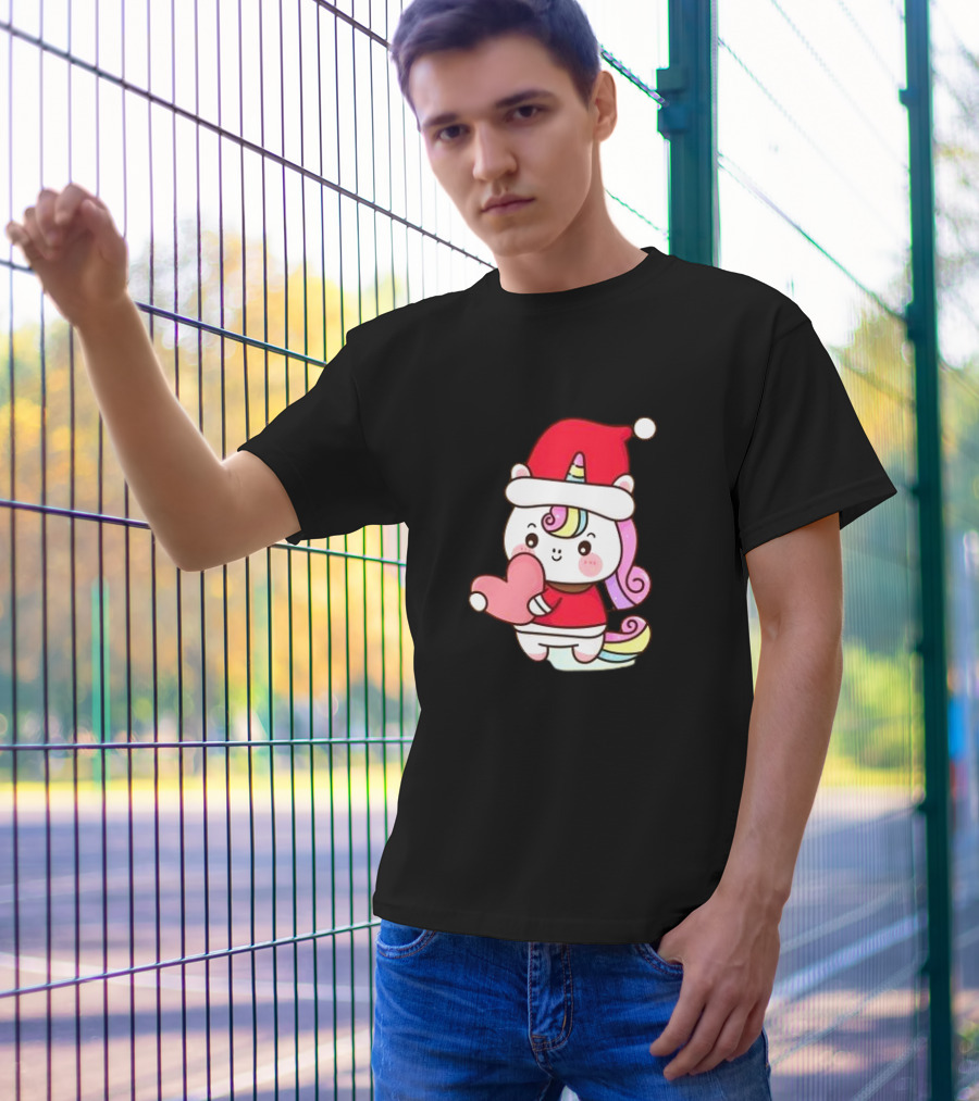 Unicorn Santa Hat Heart Christmas T-Shirt