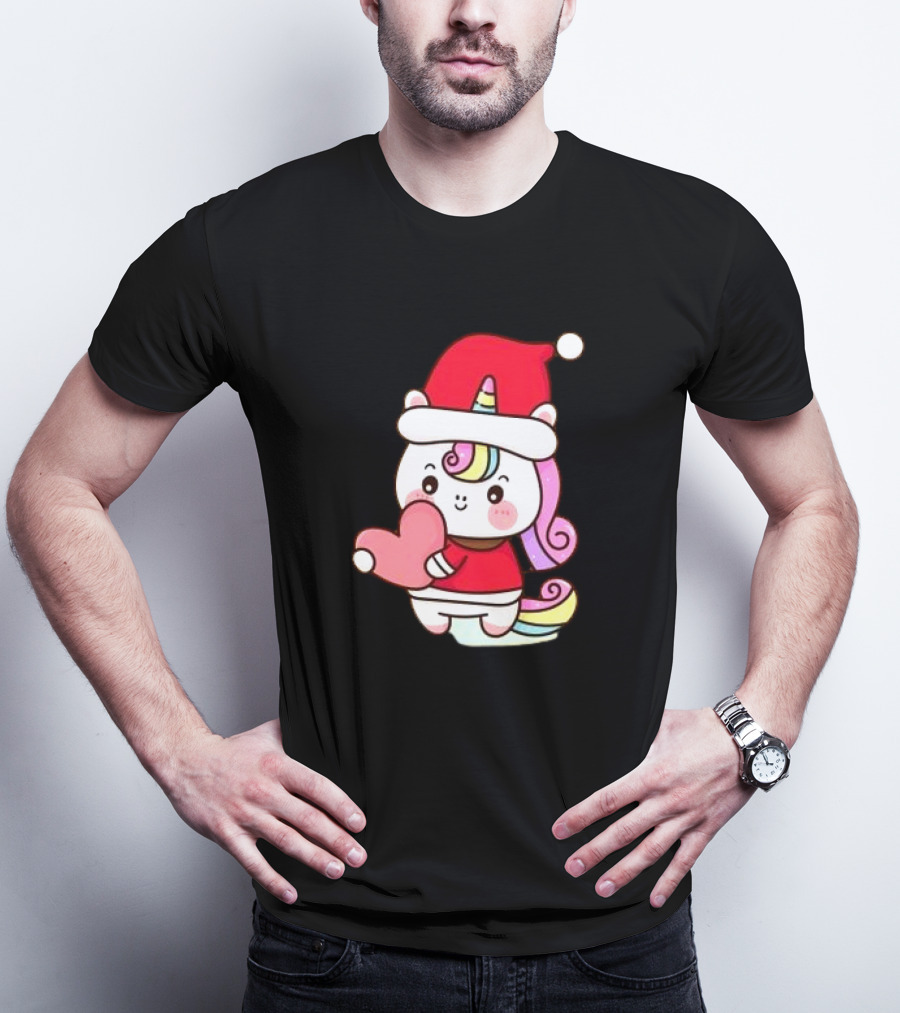 Unicorn Santa Hat Heart Christmas T-Shirt