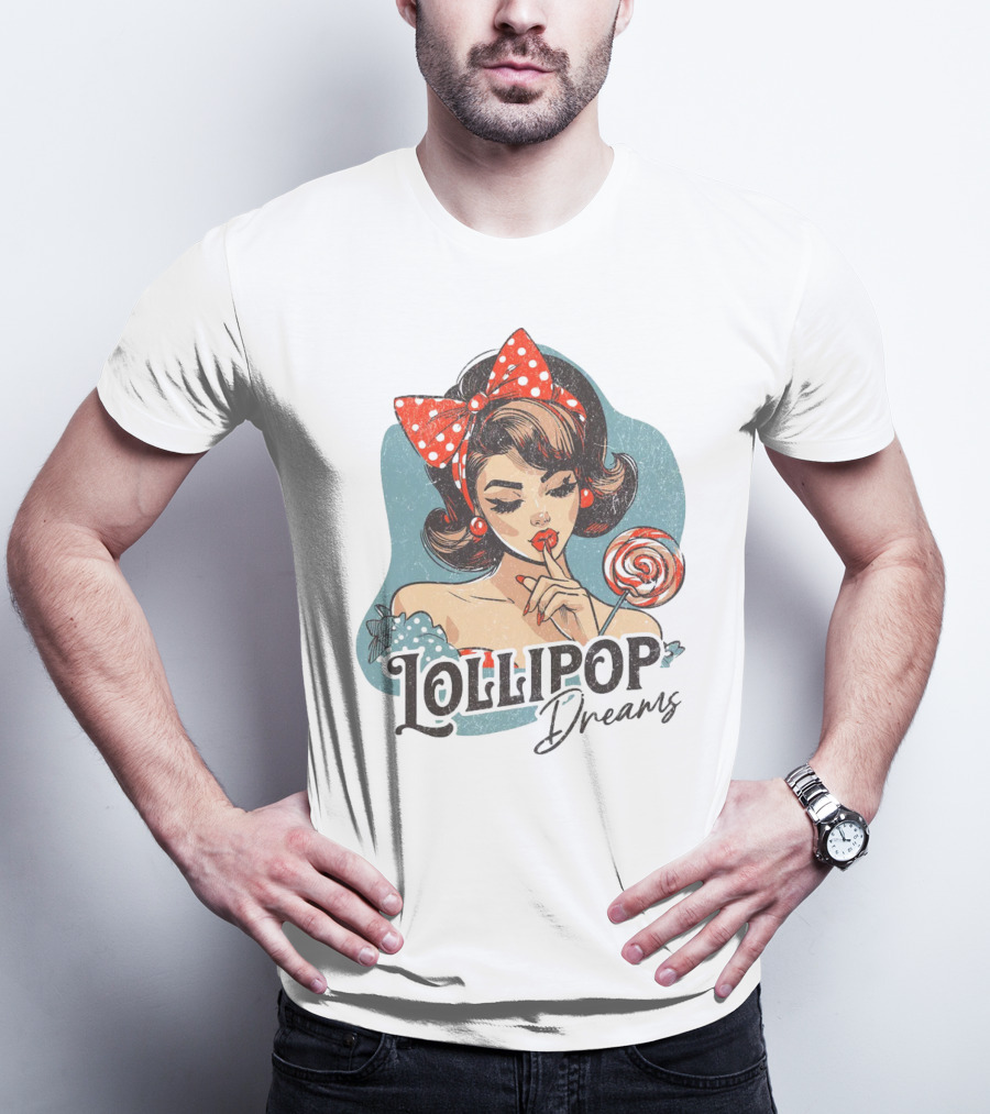 Lollipop Dreams Vintage Style Pinup Woman With Lollipop And Red Bow T-Shirt