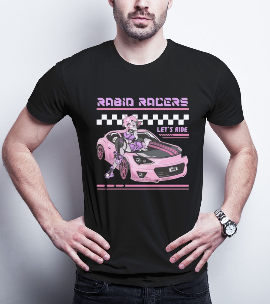 Rabid Racers Let’s Ride Pink Anime Style Racer Girl With Wufu License Plate T-Shirt