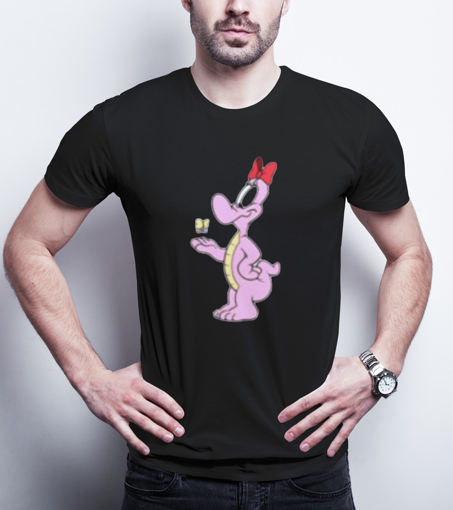 Pink Cartoon Dinosaur With Red Bow And Butterfly T-Shirt