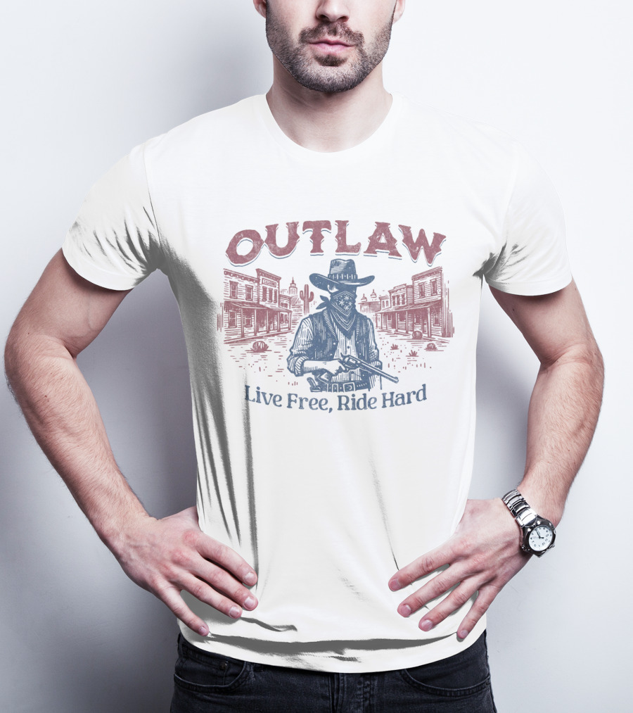 OUTLAW Live Free, Ride Hard Cowboy Western Scene T-Shirt