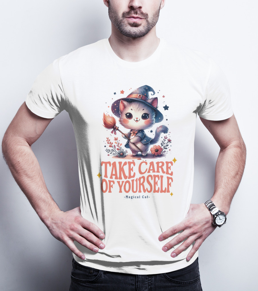 Take Care Of Yourself Magical Cat Wizard Hat Broomstick T-Shirt