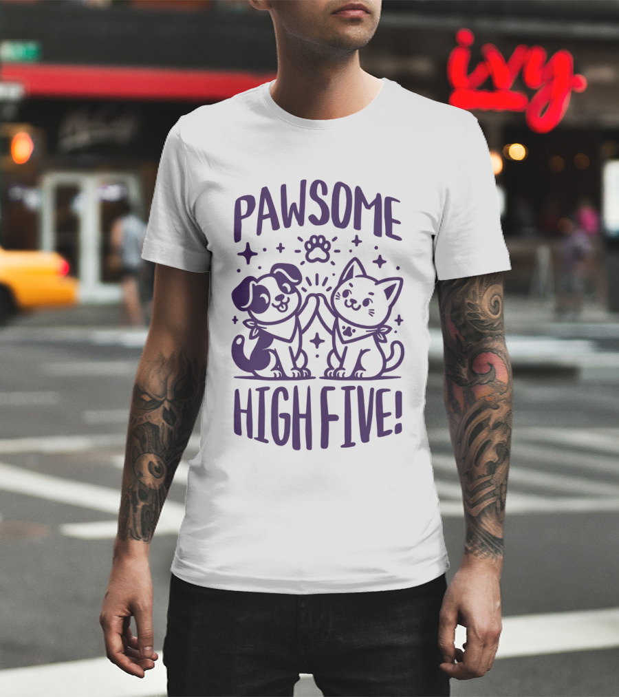 Pawsome High Five Cute Animal Purple Pawsom T-Shirt