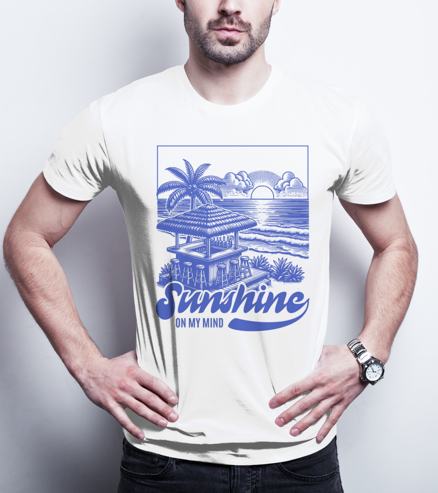 Sunshine On My Mind Vintage Beach Hut And Sunset Scene T-Shirt
