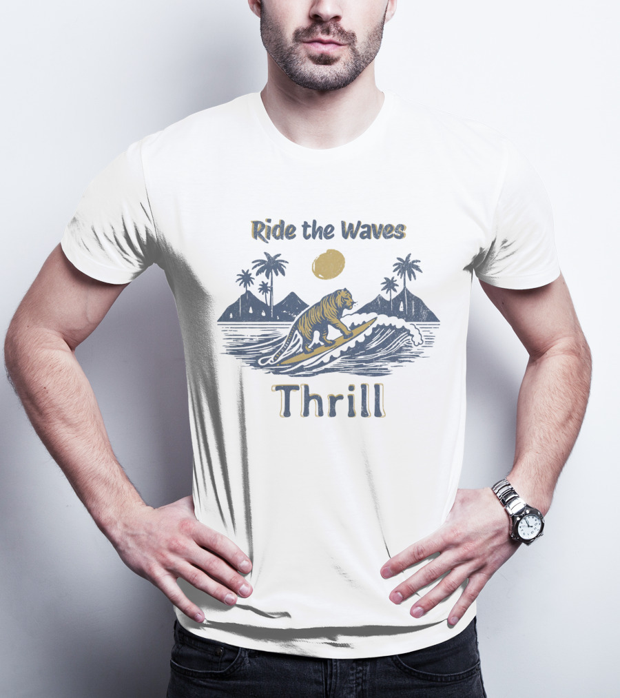 Ride The Waves Thrill Tiger Surf Moon Palms T-Shirt