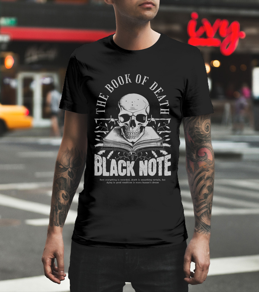 The Book Of Death Black Note Skull With Open Book T-Shirt