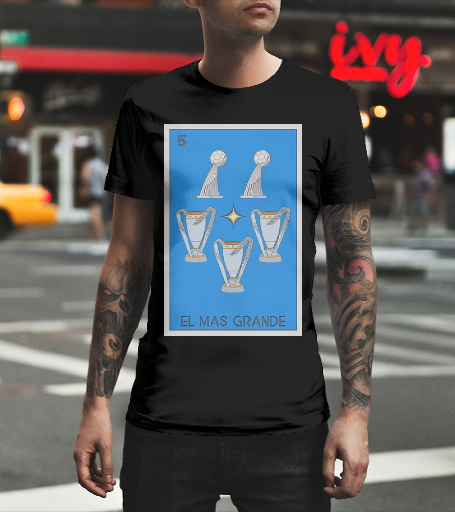 El Mas Grande Five Trophies Star Blue Background T-Shirt