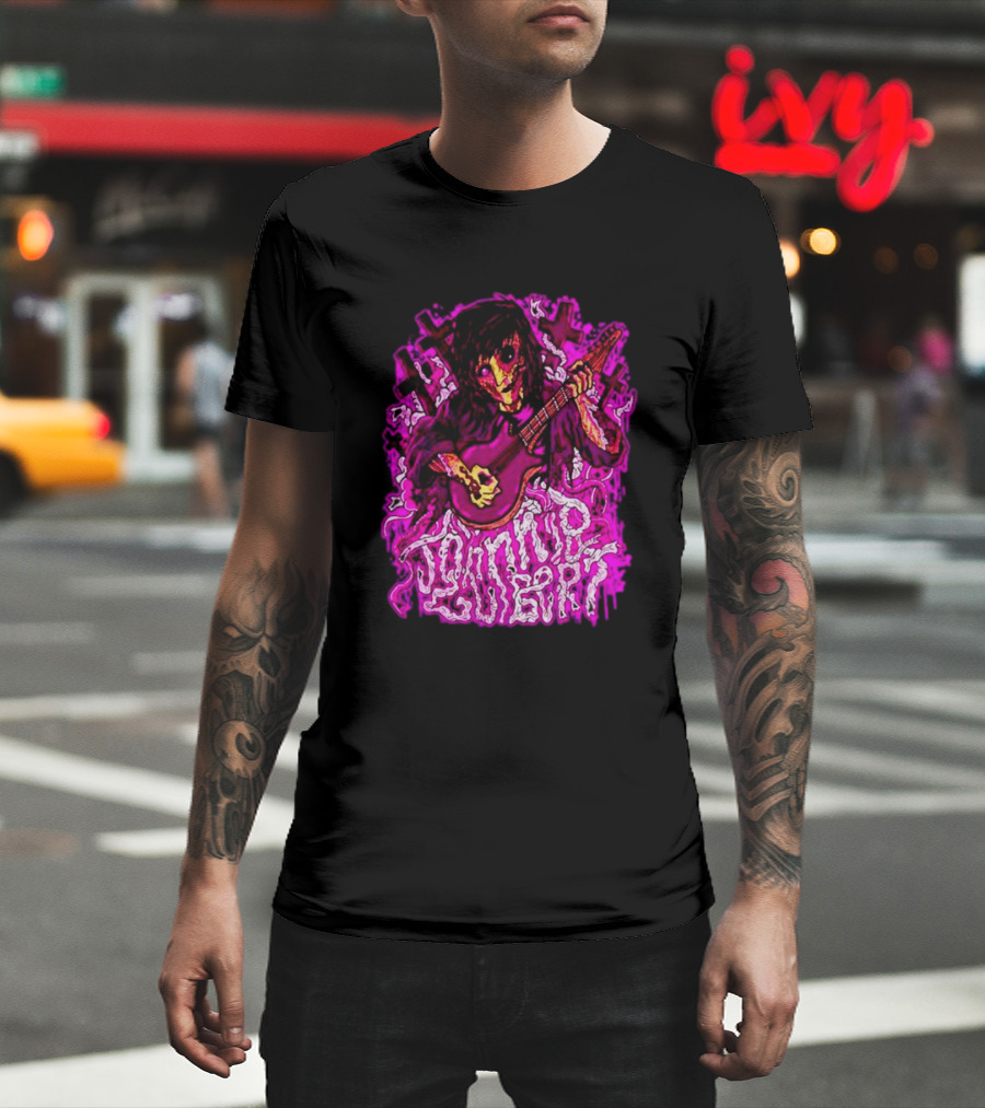 Zombie Johnnie Guilbert Playing Guitar With Pink Crosses And Skull T-Shirt