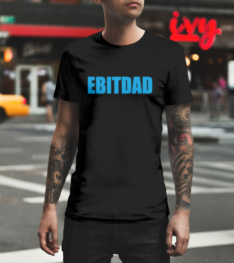 Clint Fiore Ebitdad Black Shirt With Bold Blue Text T-Shirt