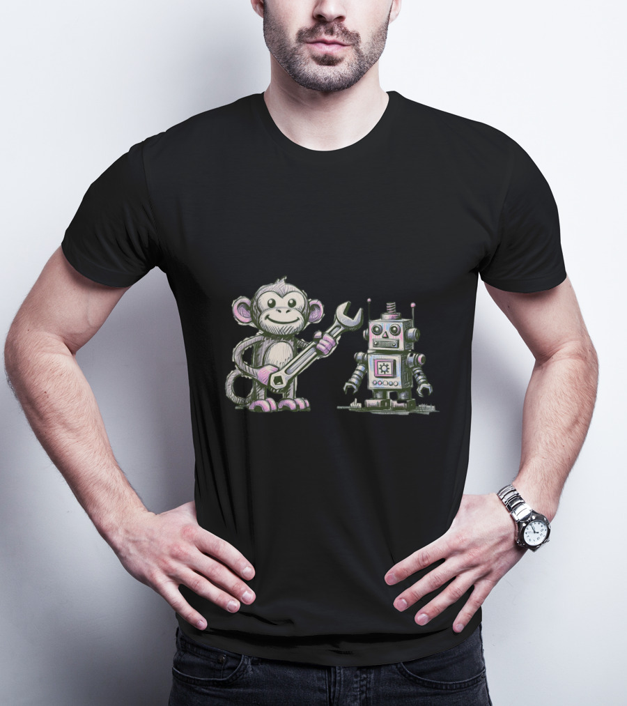 Monkey Wrench Holding Monkey And Robot Companion T-Shirt