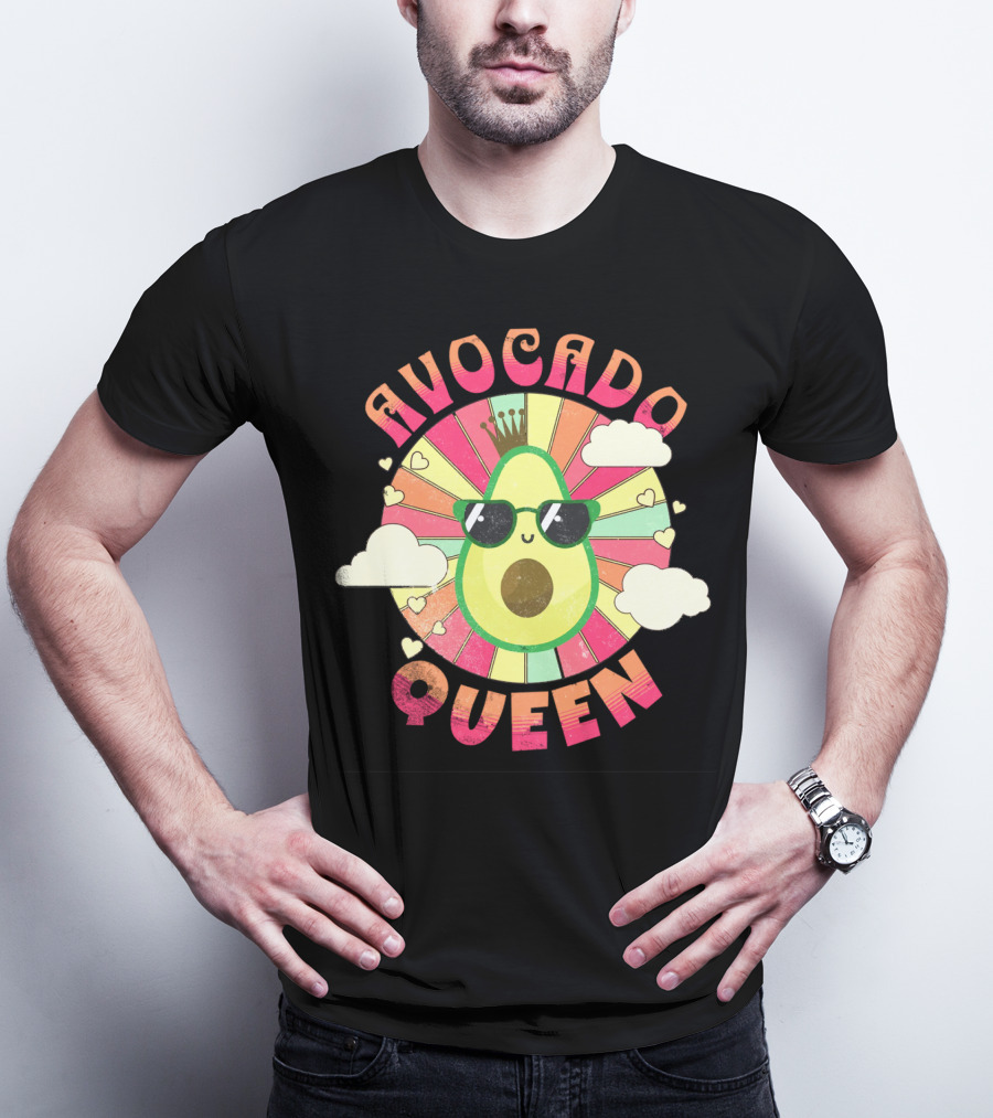 Avocado Queen Kawaii Crown Sunglasses Retro Sunburst Hearts Clouds T-Shirt
