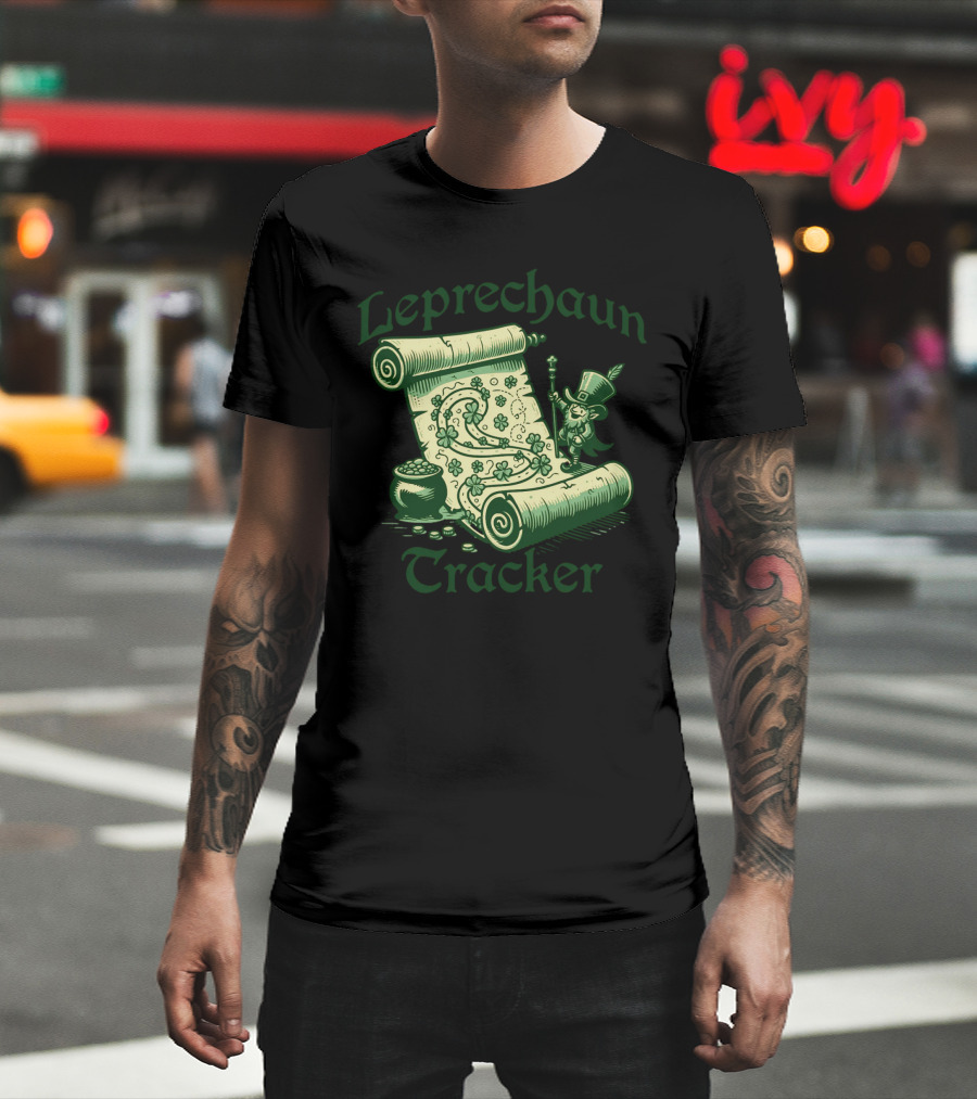 Leprechaun Tracker Map Scroll With Pot Of Gold And Lucky Clover Path T-Shirt