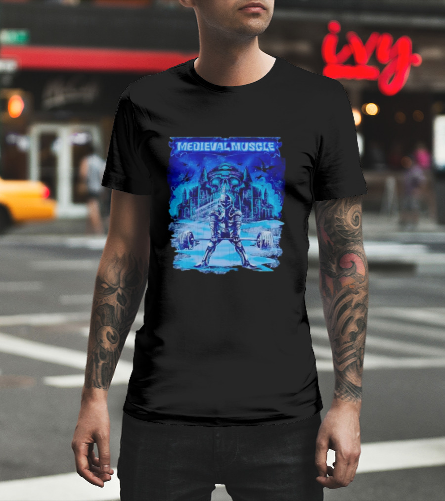 Medieval Muscle Knight Lifting Weights In Gothic Castle Scene T-Shirt