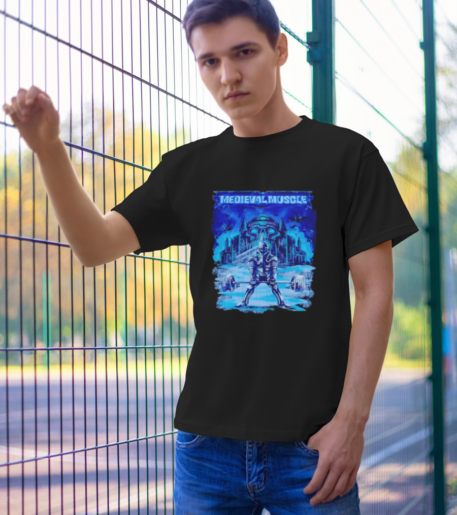 Medieval Muscle Knight Lifting Weights In Gothic Castle Scene T-Shirt