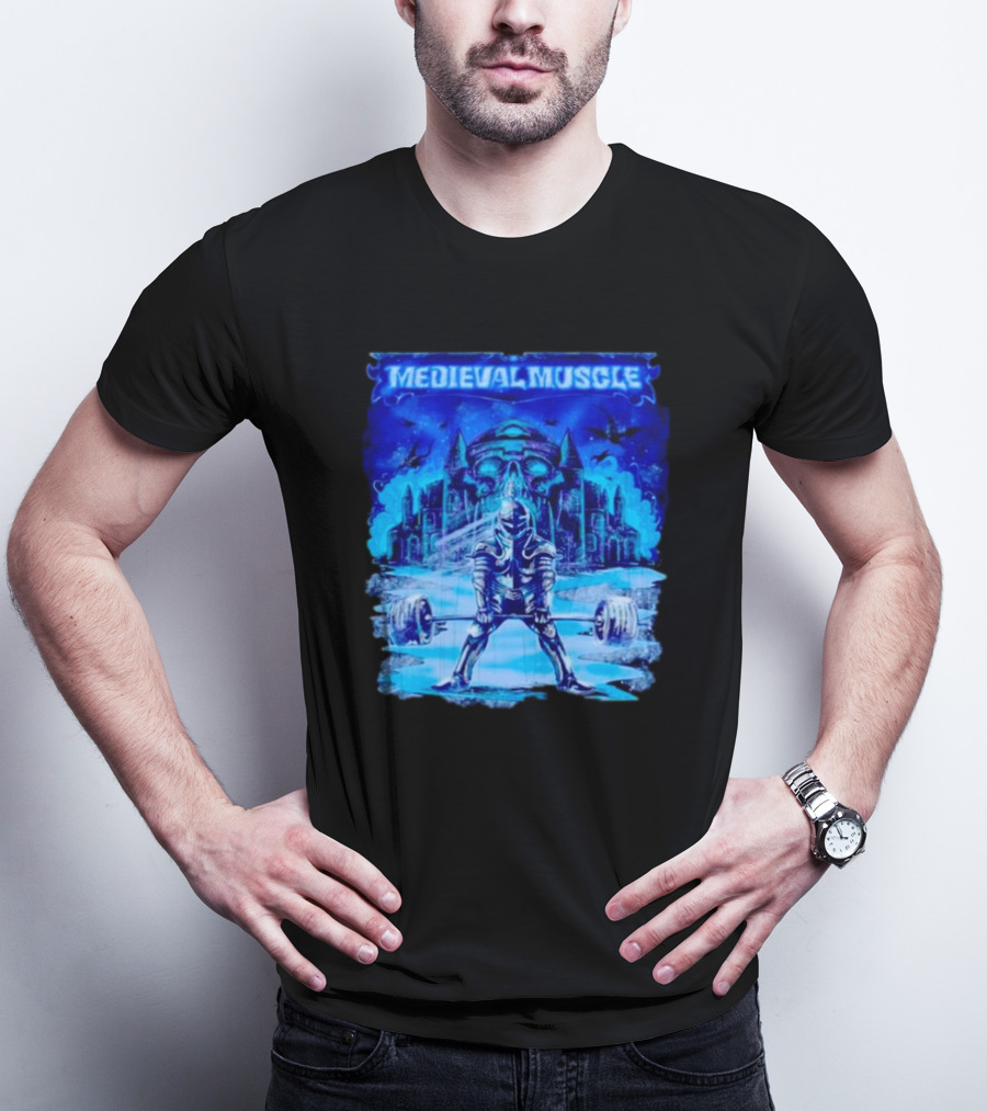 Medieval Muscle Knight Lifting Weights In Gothic Castle Scene T-Shirt