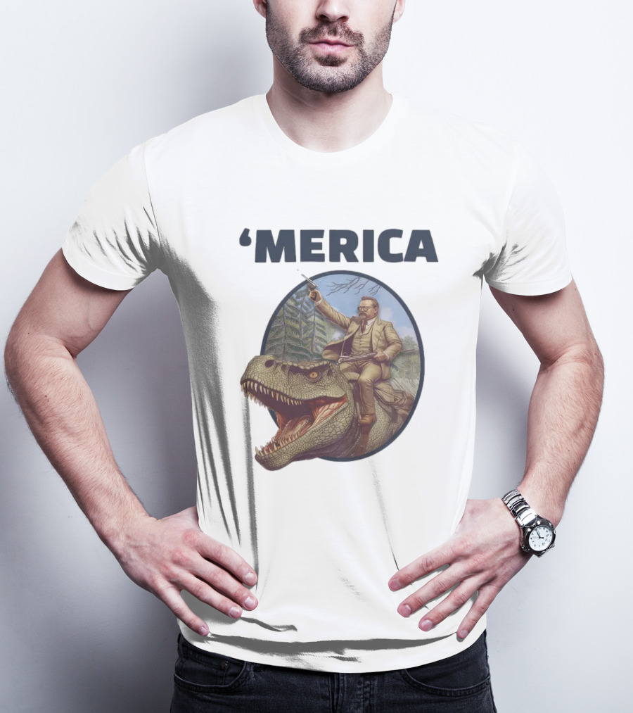 Macrodosing 'Merica Roosevelt Riding Dinosaur With Gun T-Shirt