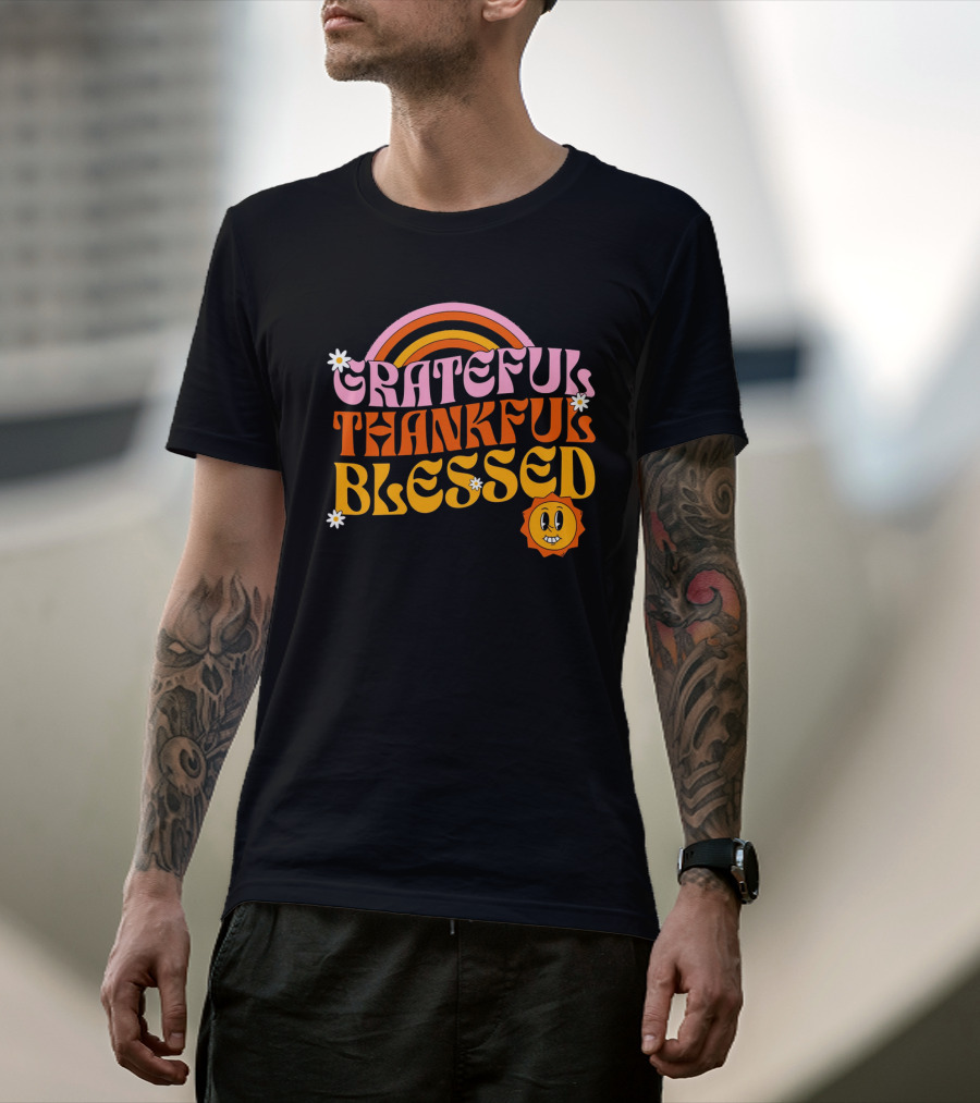 Grateful Thankful Blessed Retro Rainbow Sunflower Smiley Face T-Shirt