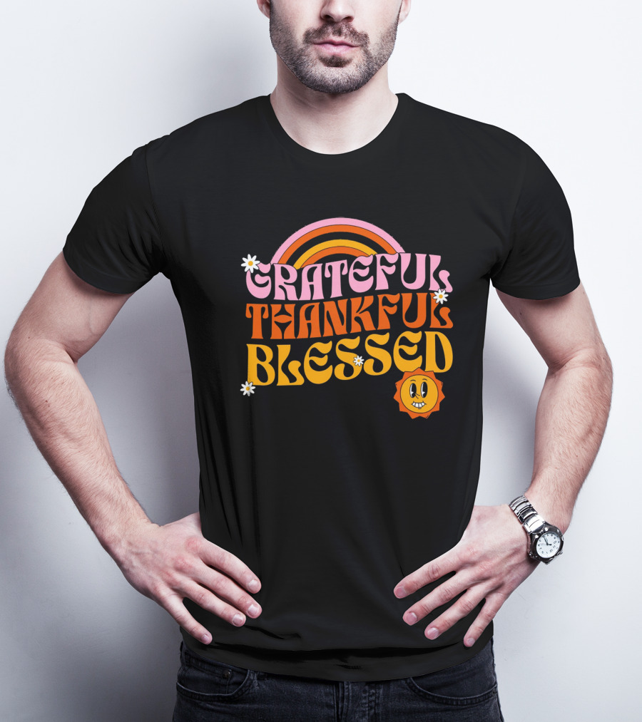 Grateful Thankful Blessed Retro Rainbow Sunflower Smiley Face T-Shirt