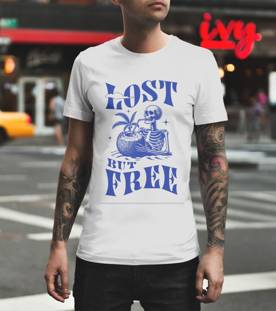 Lost But Free Skeleton With Coconut Drink Beach Vintage T-Shirt