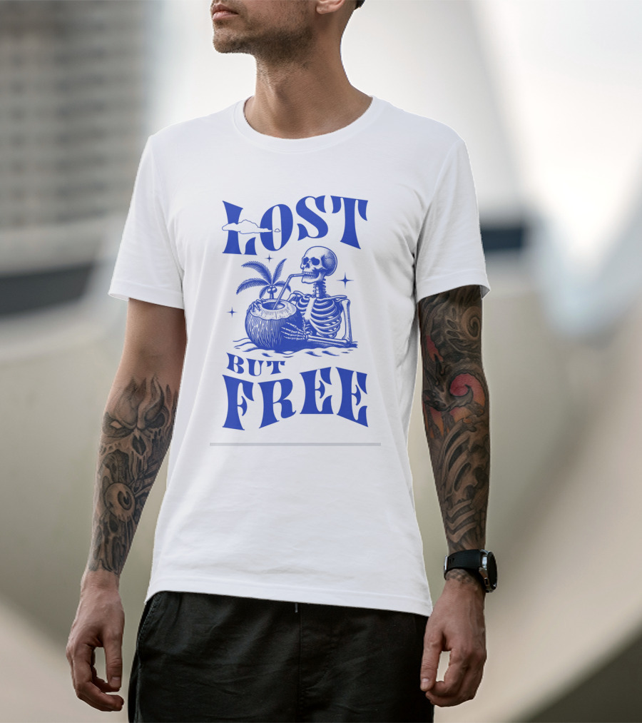 Lost But Free Skeleton With Coconut Drink Beach Vintage T-Shirt