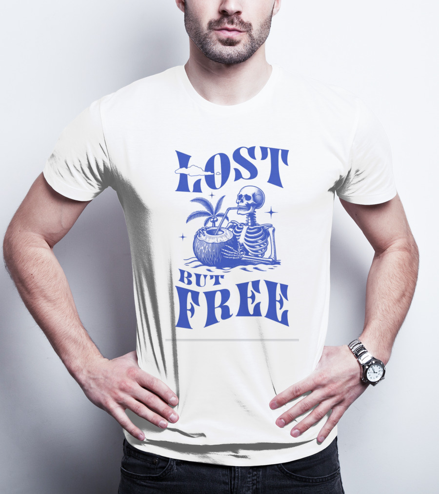 Lost But Free Skeleton With Coconut Drink Beach Vintage T-Shirt