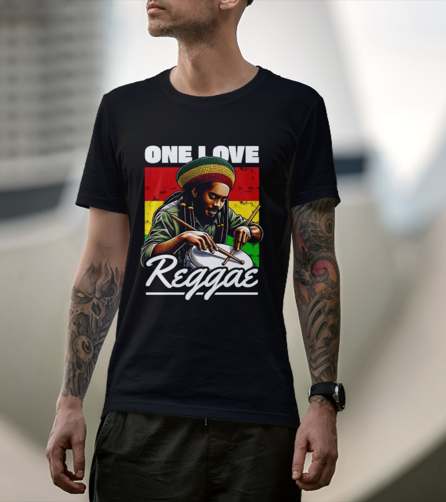 One Love Reggae Drummer With Rasta Colors T-Shirt