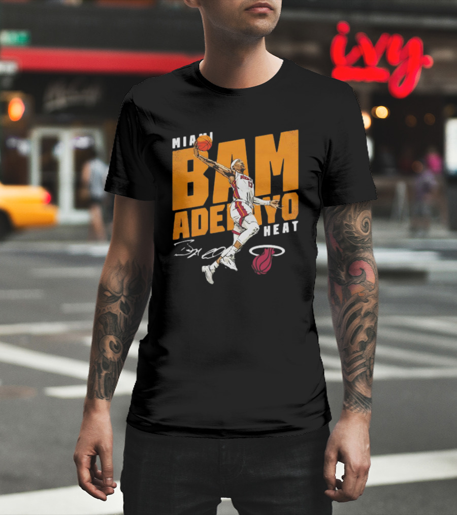 Miami Heat Bam Adebayo Basketball Jumper Action T-Shirt