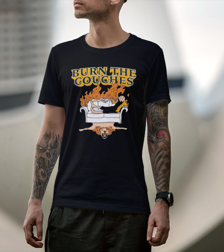 Burn The Couches Flaming Couch Cartoon Lion Rug T-Shirt