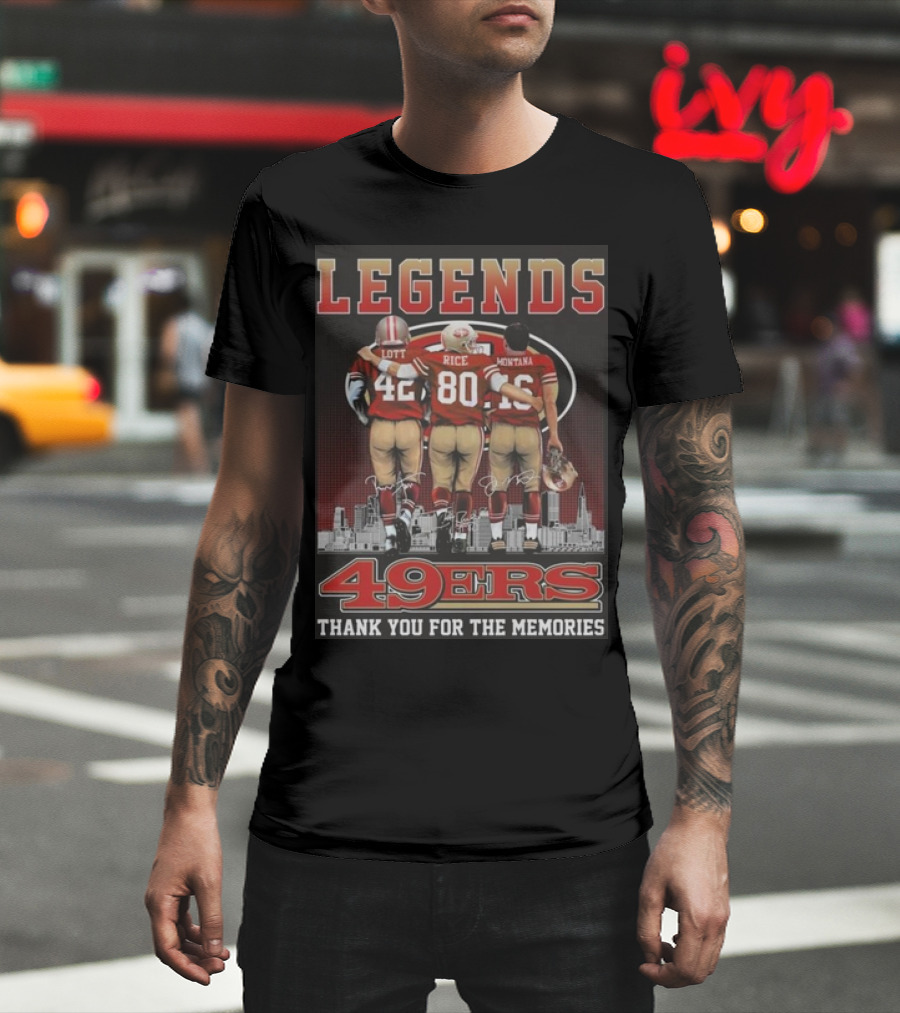 49ers Legends Montana Rice Lott Thank You For The Memories Skyline Signatures T-Shirt