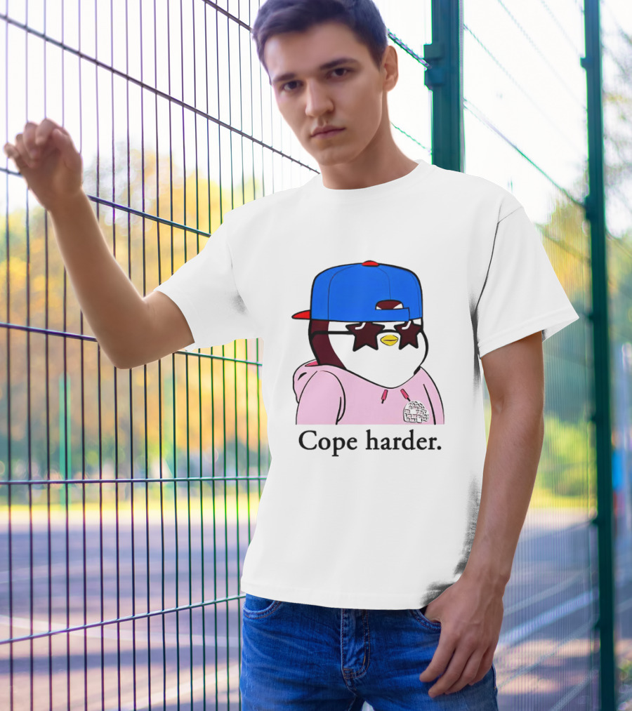 Pudgy Penguin Cope Harder Star Shades Blue Cap Pink T-Shirt