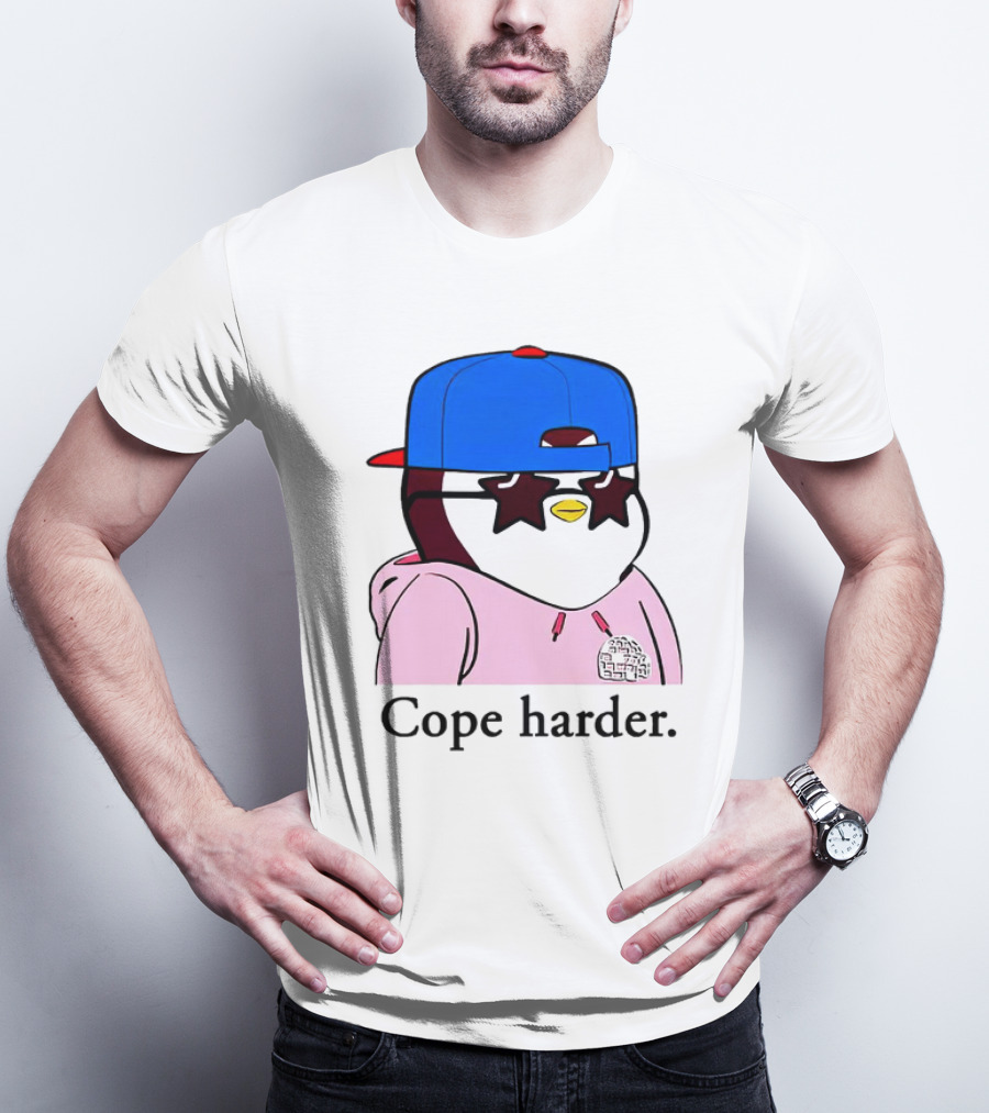 Pudgy Penguin Cope Harder Star Shades Blue Cap Pink T-Shirt