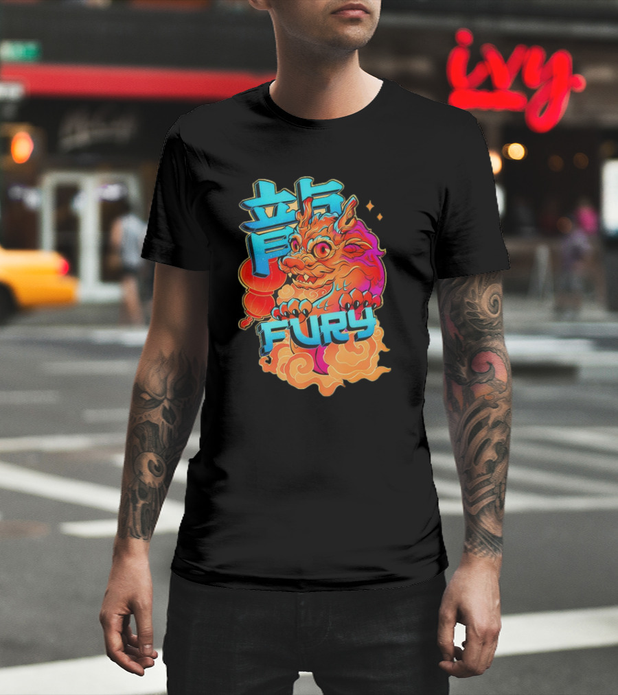 Dragon Fury Vibrant Mythical Creature With Neon Chinese Characters T-Shirt