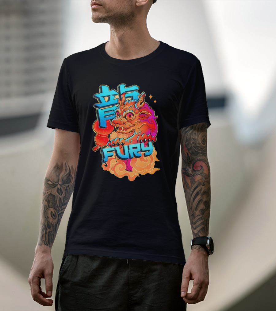 Dragon Fury Vibrant Mythical Creature With Neon Chinese Characters T-Shirt