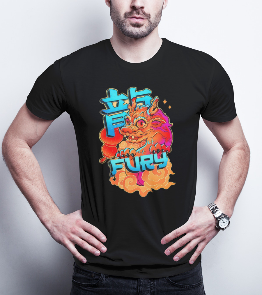 Dragon Fury Vibrant Mythical Creature With Neon Chinese Characters T-Shirt