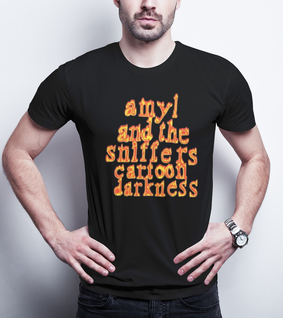 Amyl And The Sniffers Cartoon Darkness Flame Text T-Shirt