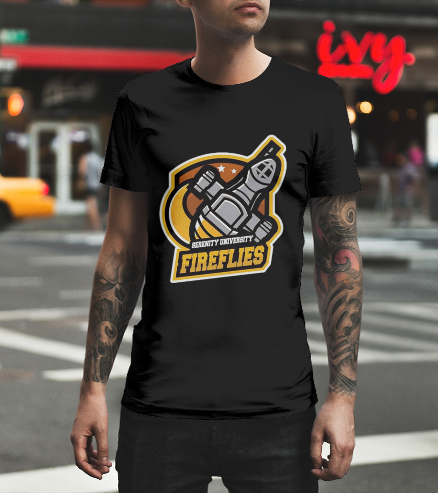 Serenity University Fireflies Spaceship Logo With Stars And Moon T-Shirt