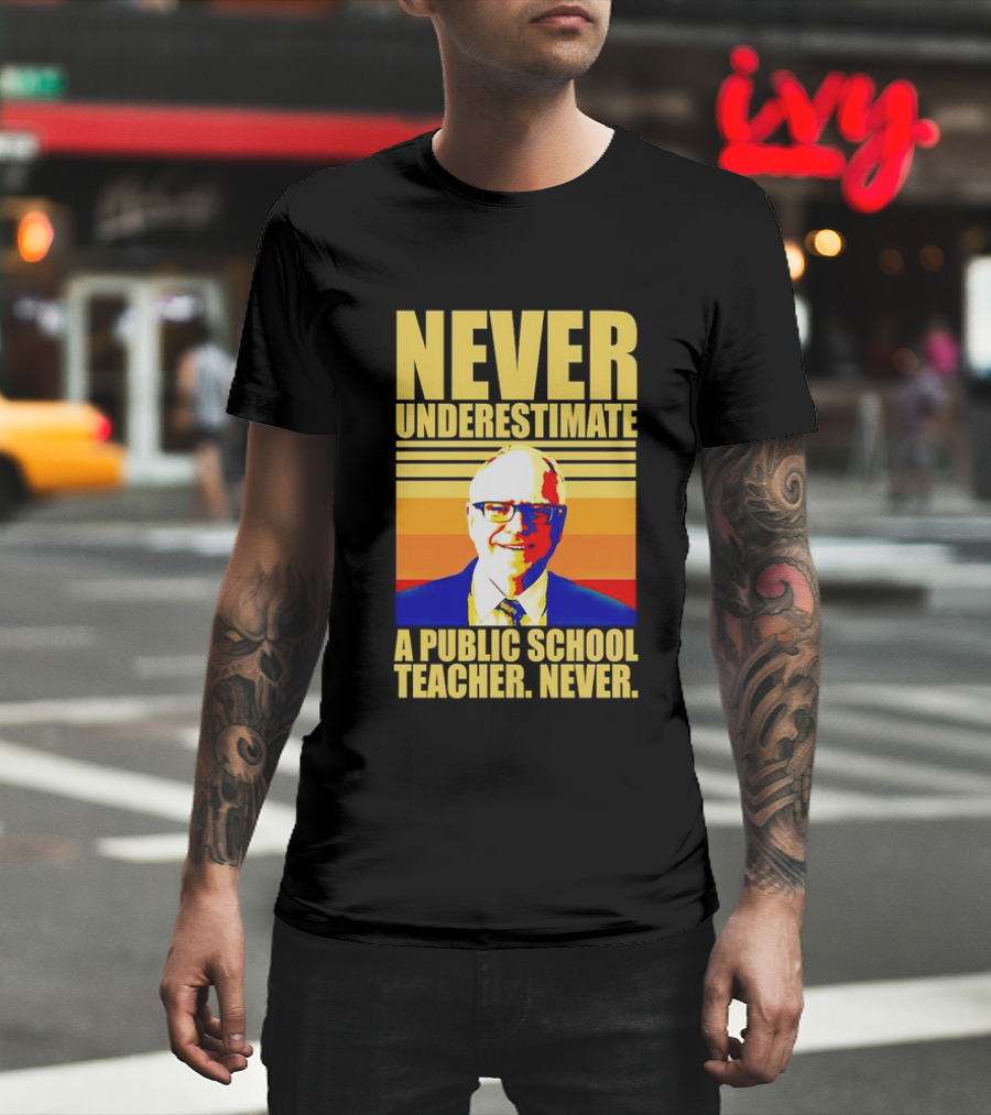 Never Underestimate A Public School Teacher Never Tim Walz Vintage Retro Stripes T-Shirt