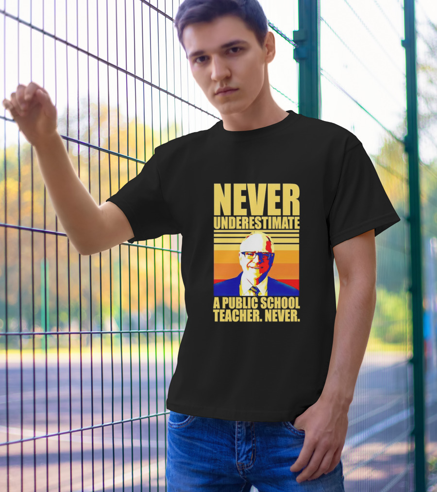 Never Underestimate A Public School Teacher Never Tim Walz Vintage Retro Stripes T-Shirt