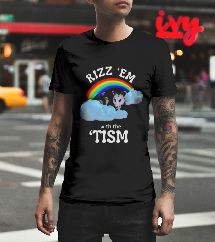 Rizz 'Em With The Tism Opossum Rainbow Clouds T-Shirt