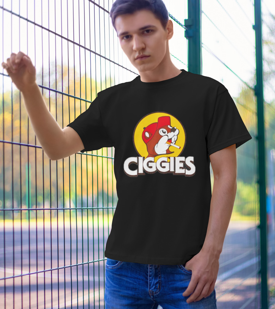 Buc-ees Ciggies Beanie Wearing Animal Carton Smoking Humorous T-Shirt