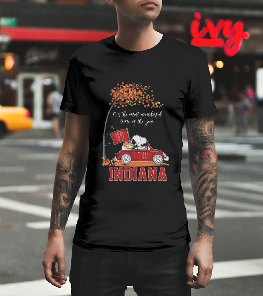 Indiana Hoosiers Snoopy And Woodstock Driving Car Fall It’s The Most Wonderful Time Of The Year T-Shirt