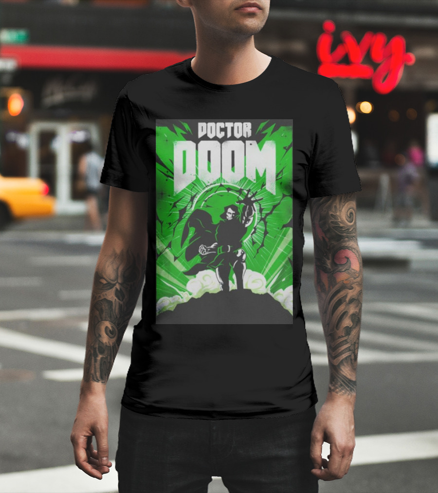 Doctor Doom Doomsday Green Energy Burst Comic Style Villain Power Stance T-Shirt
