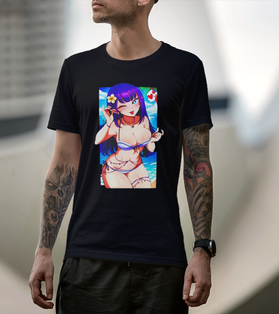 Hot Waifu Chika Fujiwara V2 Beach Anime Girl Winking Playing Card Flower Bikini T-Shirt