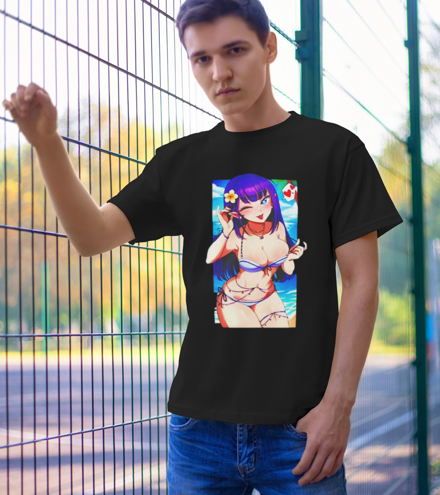 Hot Waifu Chika Fujiwara V2 Beach Anime Girl Winking Playing Card Flower Bikini T-Shirt