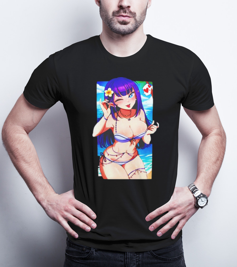Hot Waifu Chika Fujiwara V2 Beach Anime Girl Winking Playing Card Flower Bikini T-Shirt